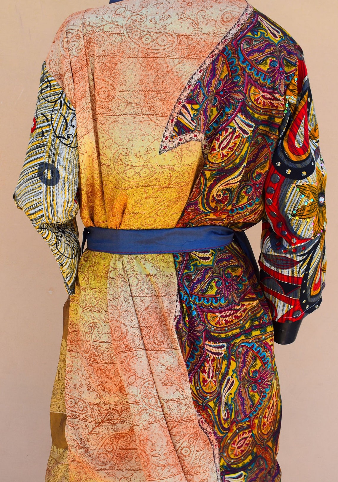 Indian handmade vintage sari kimono Yellow kimono solid | Etsy