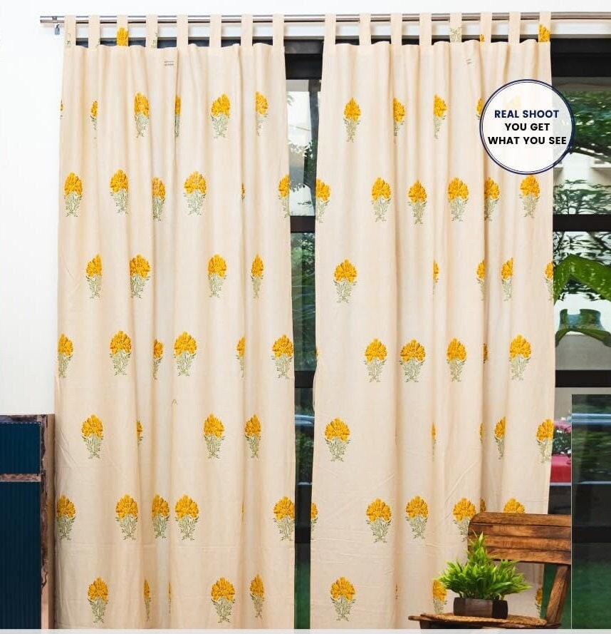 Marigold Yellow Sunshine Sunflower Printed 100% Malmal Cotton Curtains ...