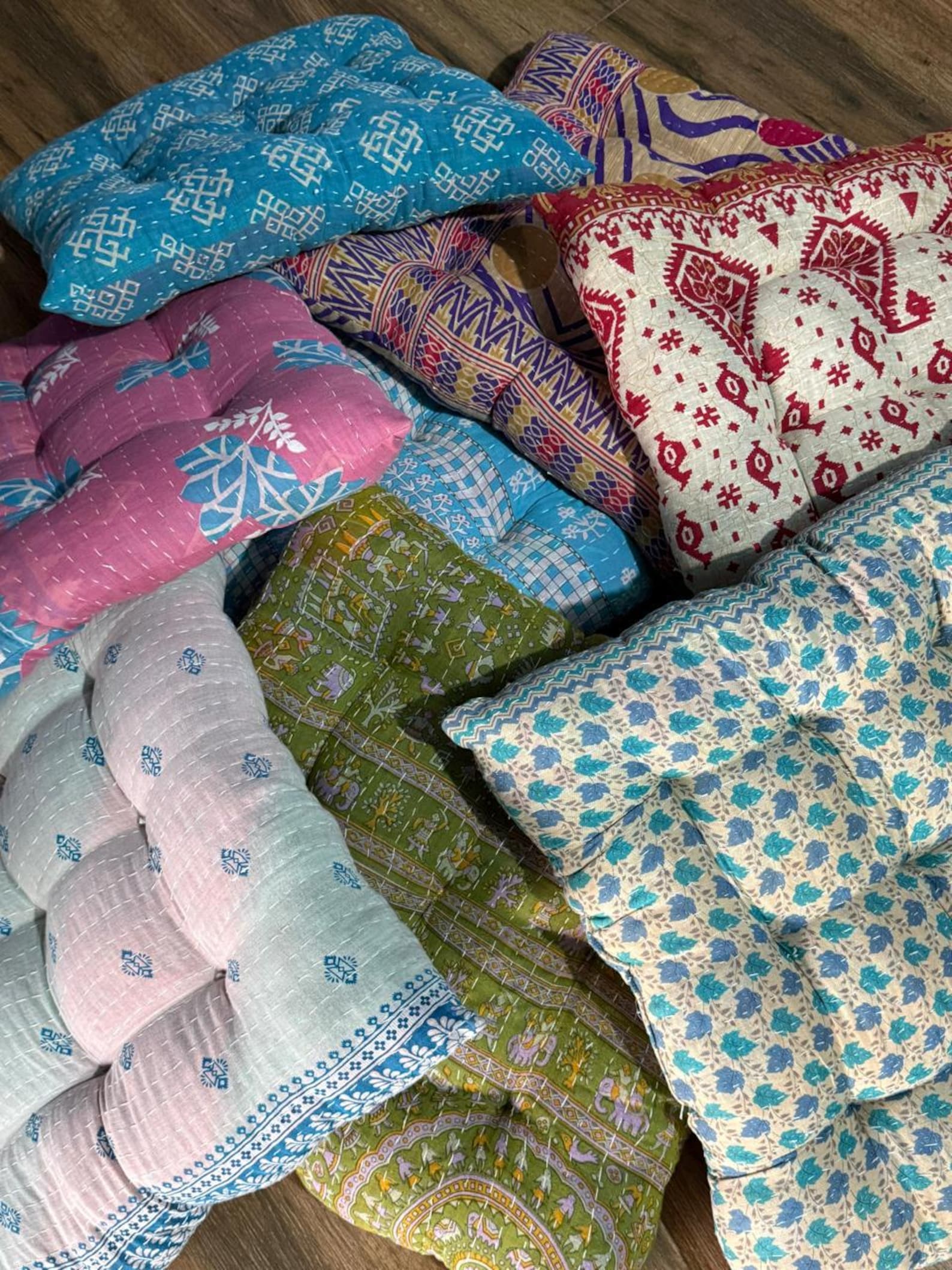 Indian Kantha Chair Cushion – Handmade Quilted Bench Seat Pad, Bohemian ...