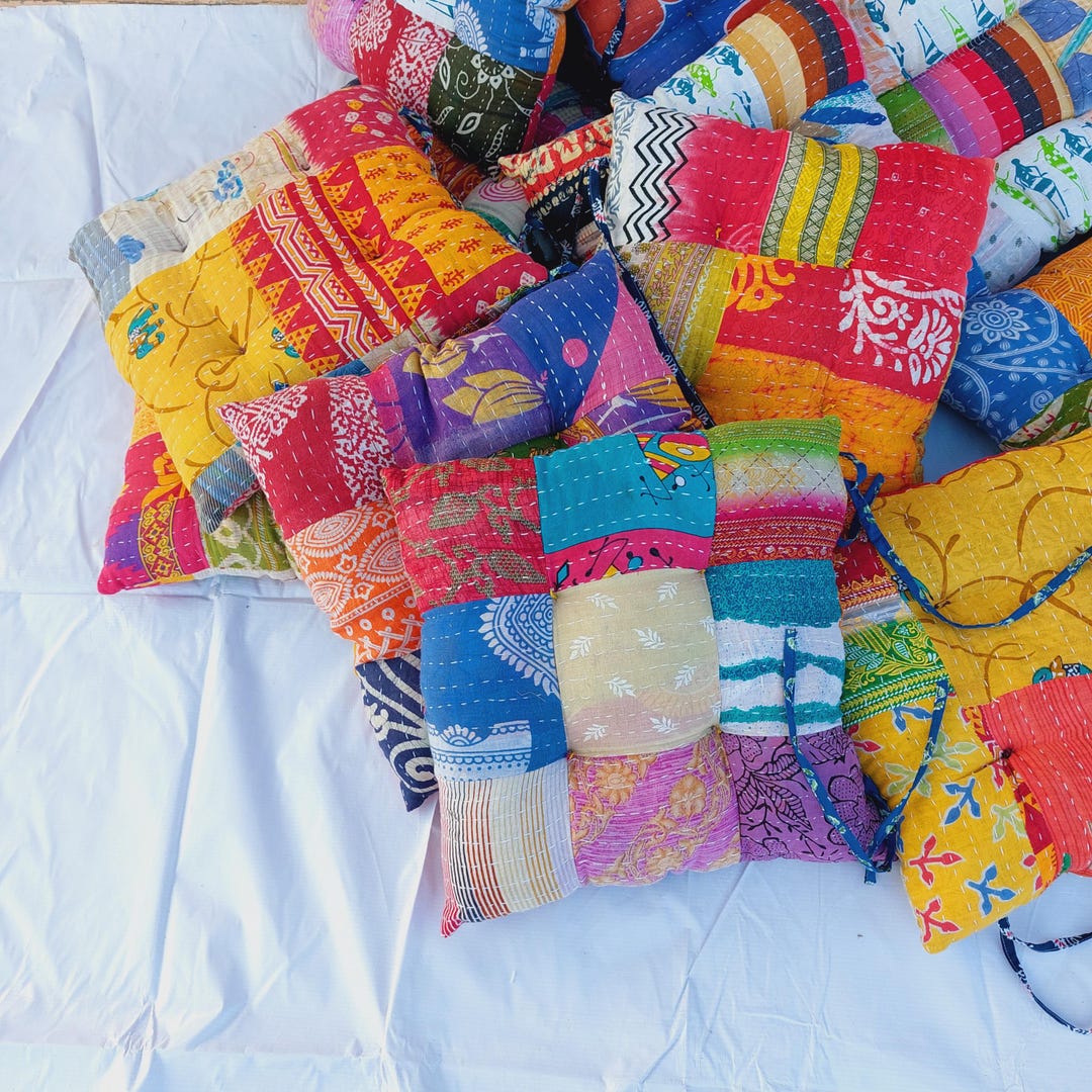Handmade Kantha Chair Cushion: 100% Cotton Seat Pad With Ties 1 Pcs - Etsy