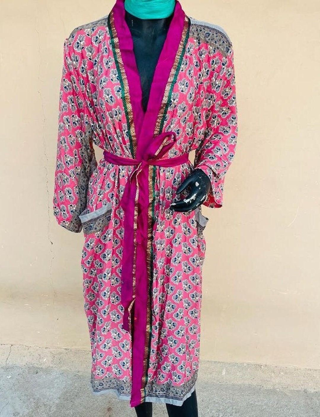 Hot Pink Silk Kimono Gown Flower Print Robe Silk Kimono Robe Plus Size ...