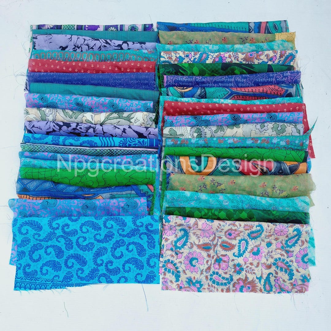 Vintage Sari Fabric Scraps Lot of 50 Pcs Remnants Scrap Bundle Quilting ...
