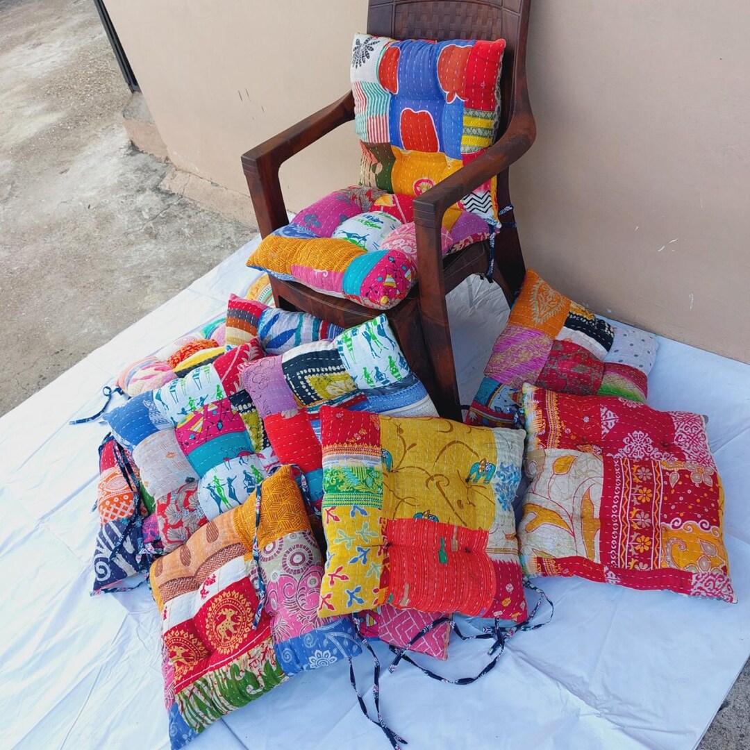 Handmade Kantha Chair Cushions (set of 5): Bohemian Cotton Seat Pads - Etsy