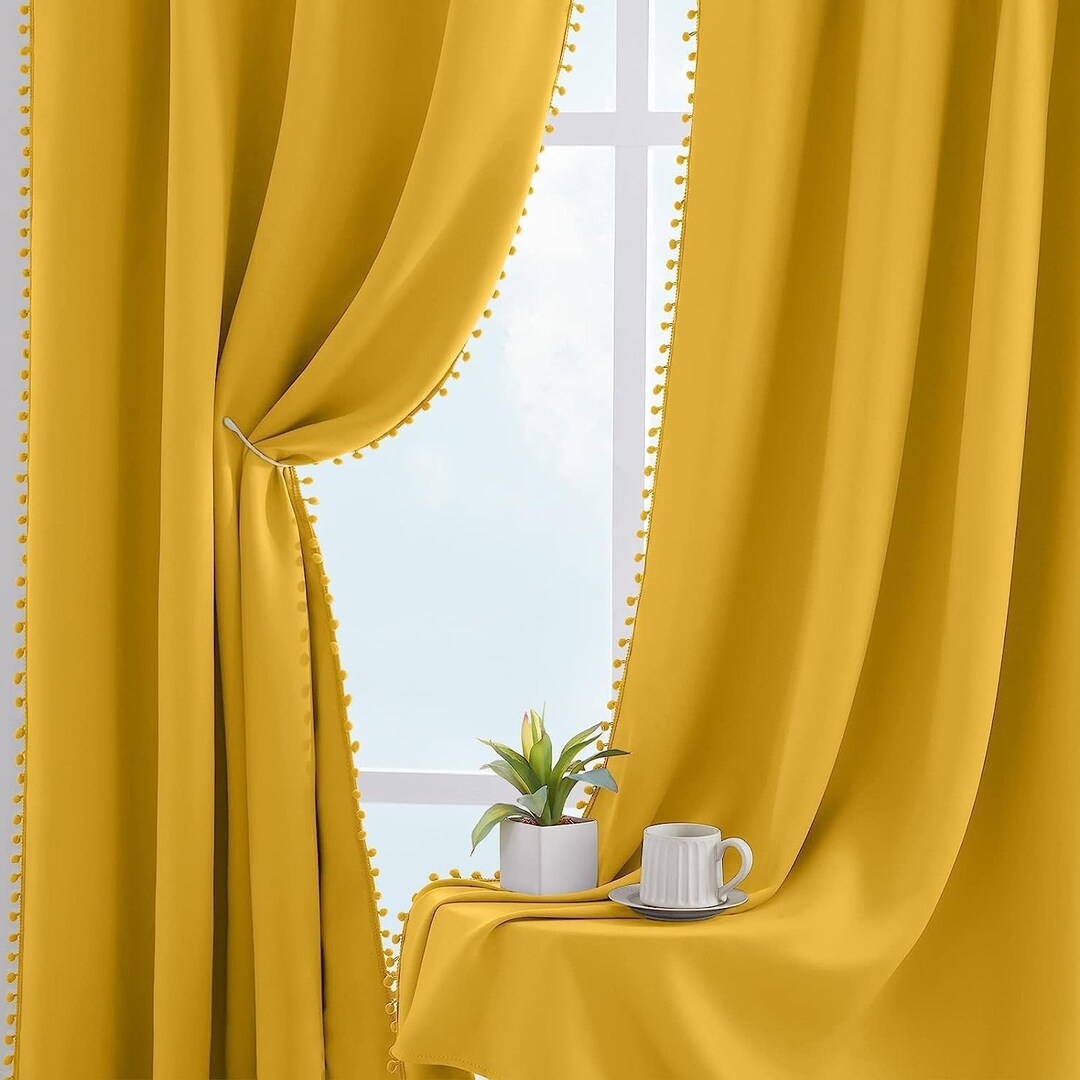 Yellow Soft Silk Velvet Curtain Door Curtain With Pom Pom Lace ...