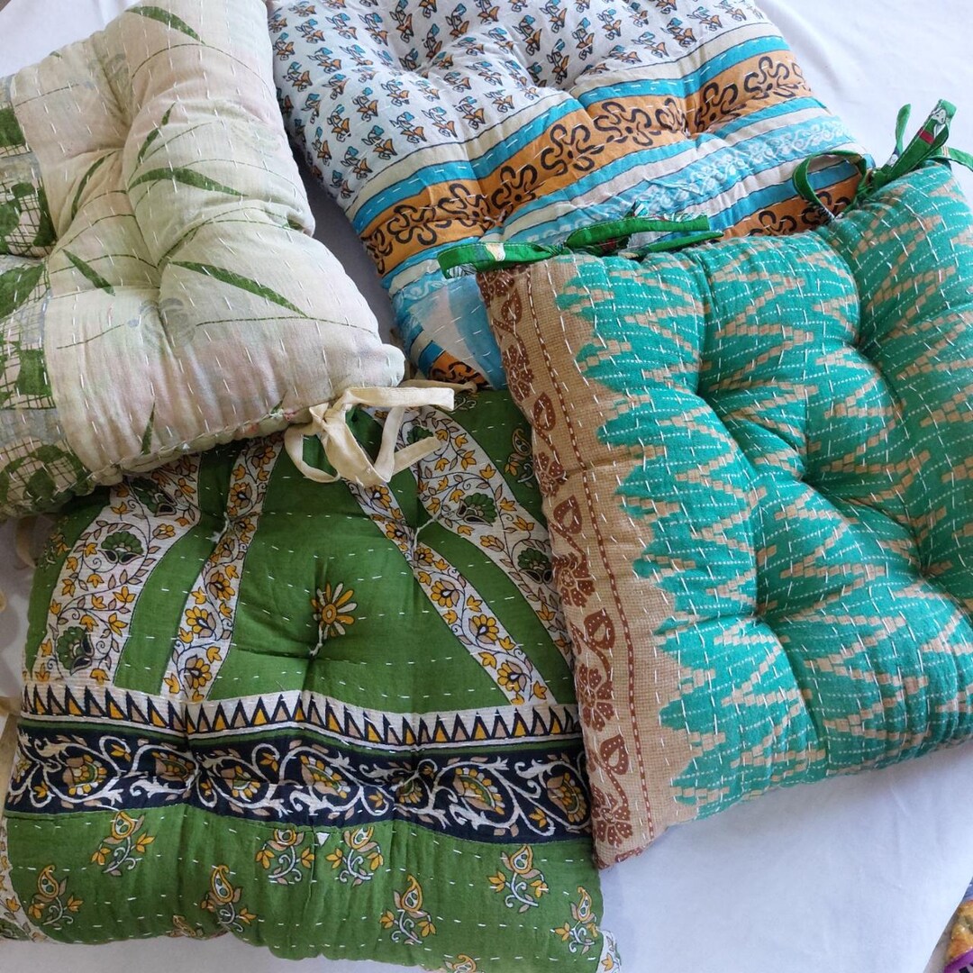 Assorted Vintage Kantha Floral Chair Pad: Recycled Cotton Cushion ...