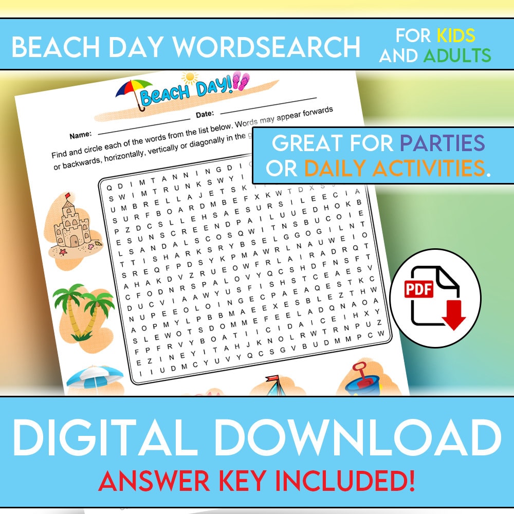 Beach Day Word Search (intermediate) PRINTABLE DOWNLOAD - PDF - Fun for ...
