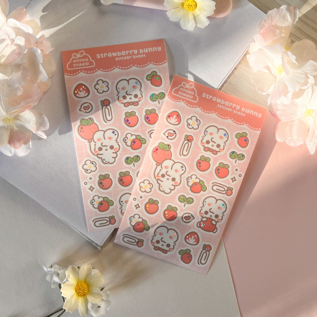 Cute Strawberry Bunny Sticker Sheet | Holographic Sticker, Deco, Kawaii ...