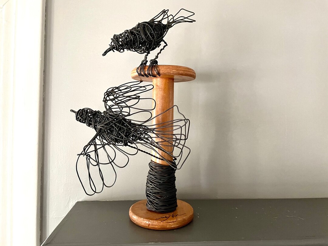 Original Handmade Wire Birds on Vintage Industrial Wood Spool. Wire Art ...