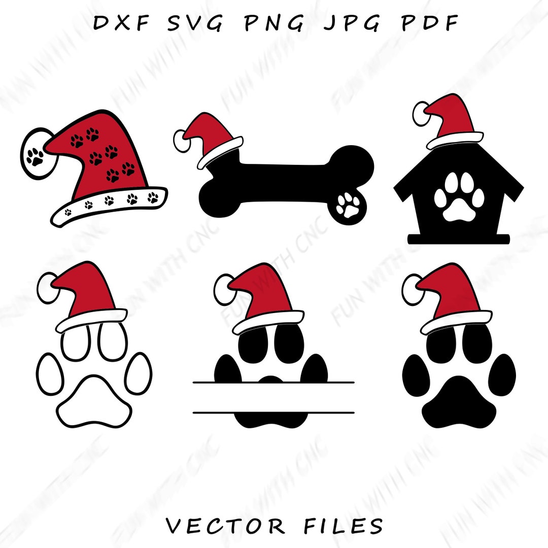 Cheerful Christmas Pet Illustration Set of 6, Santa Hats and Paw Prints ...