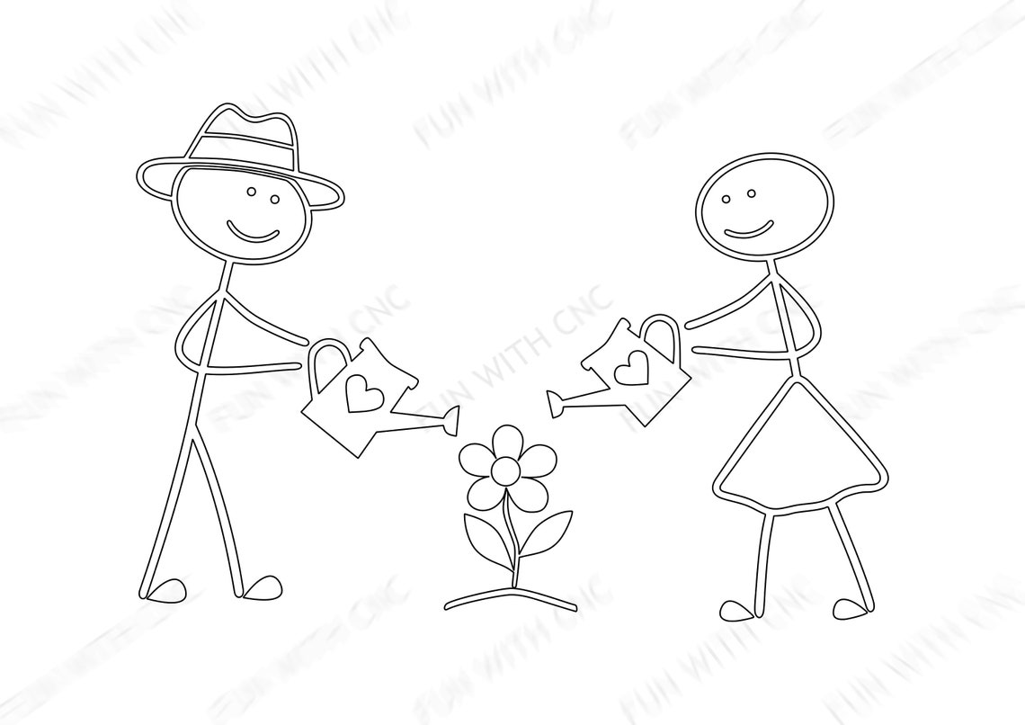 Spring Stick People Couple Watering a Flower, Hello Spring Clipart ...