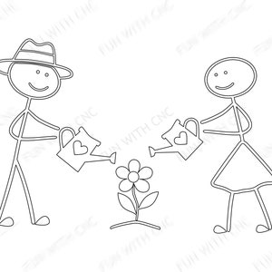 Spring Stick People Couple Watering a Flower, Hello Spring Clipart ...