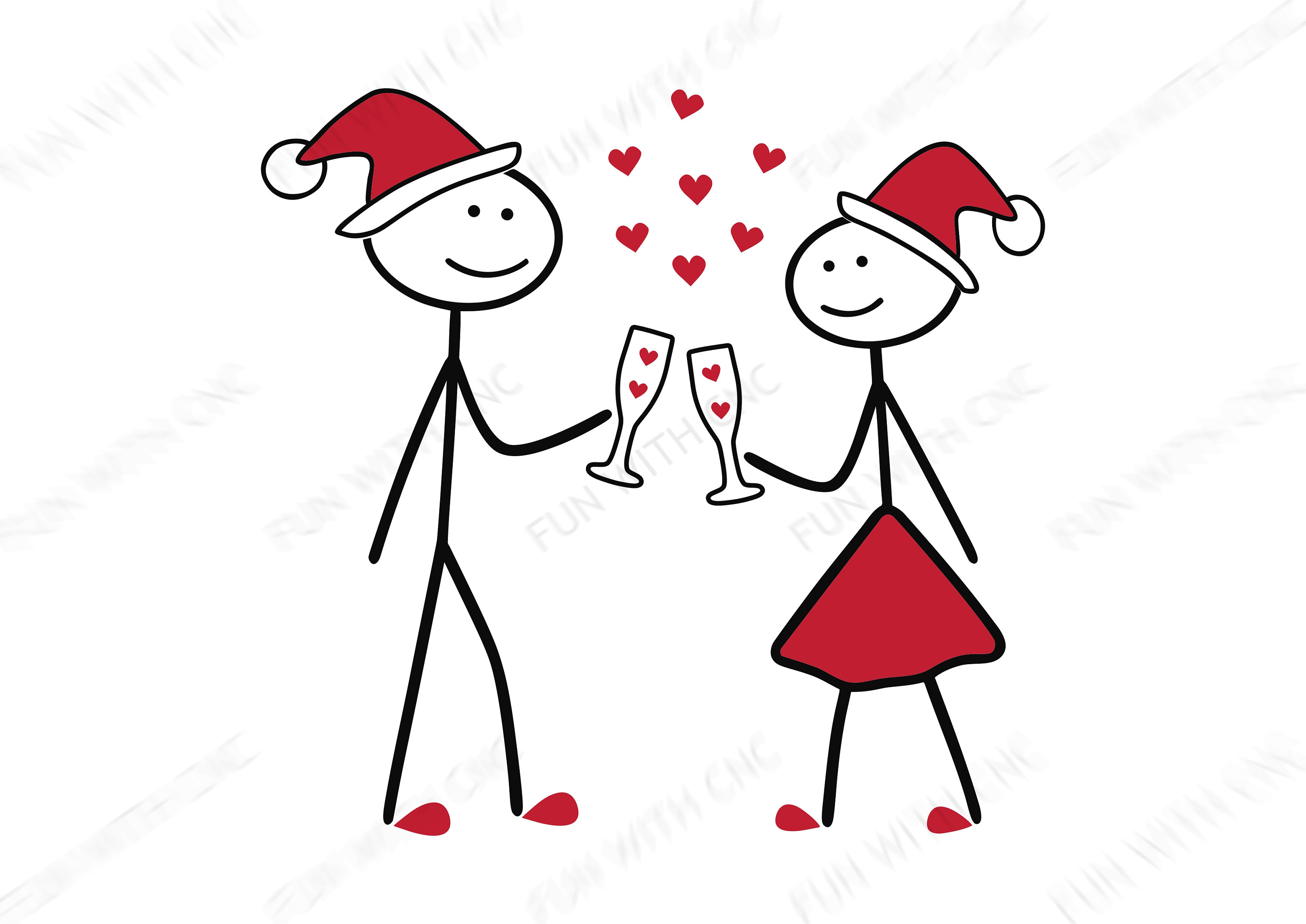 Christmas Stick Figure Couple With Santa Hats and Champagne Glasses ...
