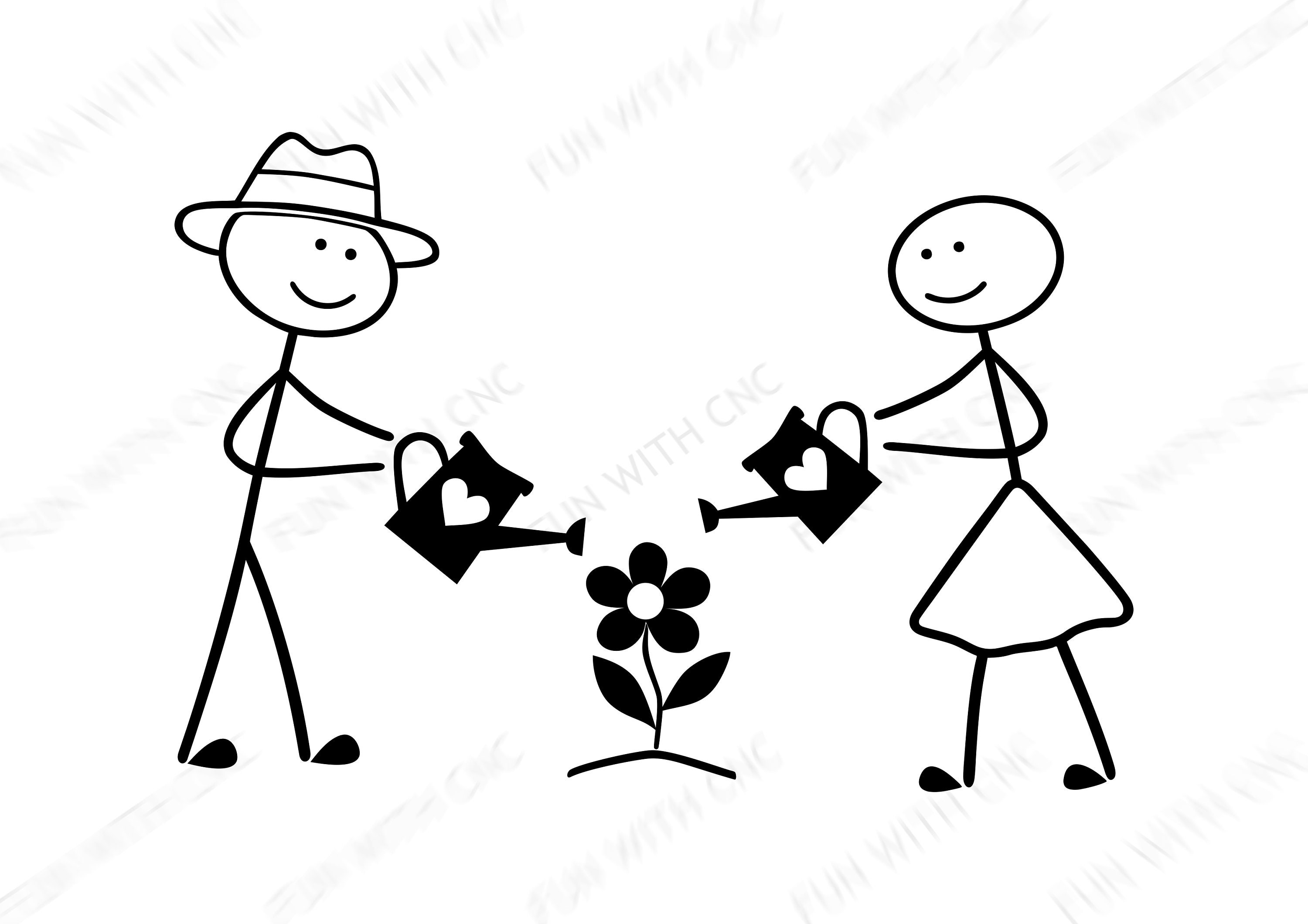 Spring Stick People Couple Watering a Flower, Hello Spring Clipart ...