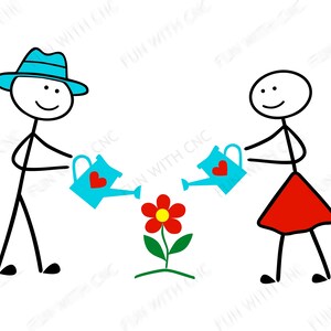 Spring Stick People Couple Watering a Flower, Hello Spring Clipart ...