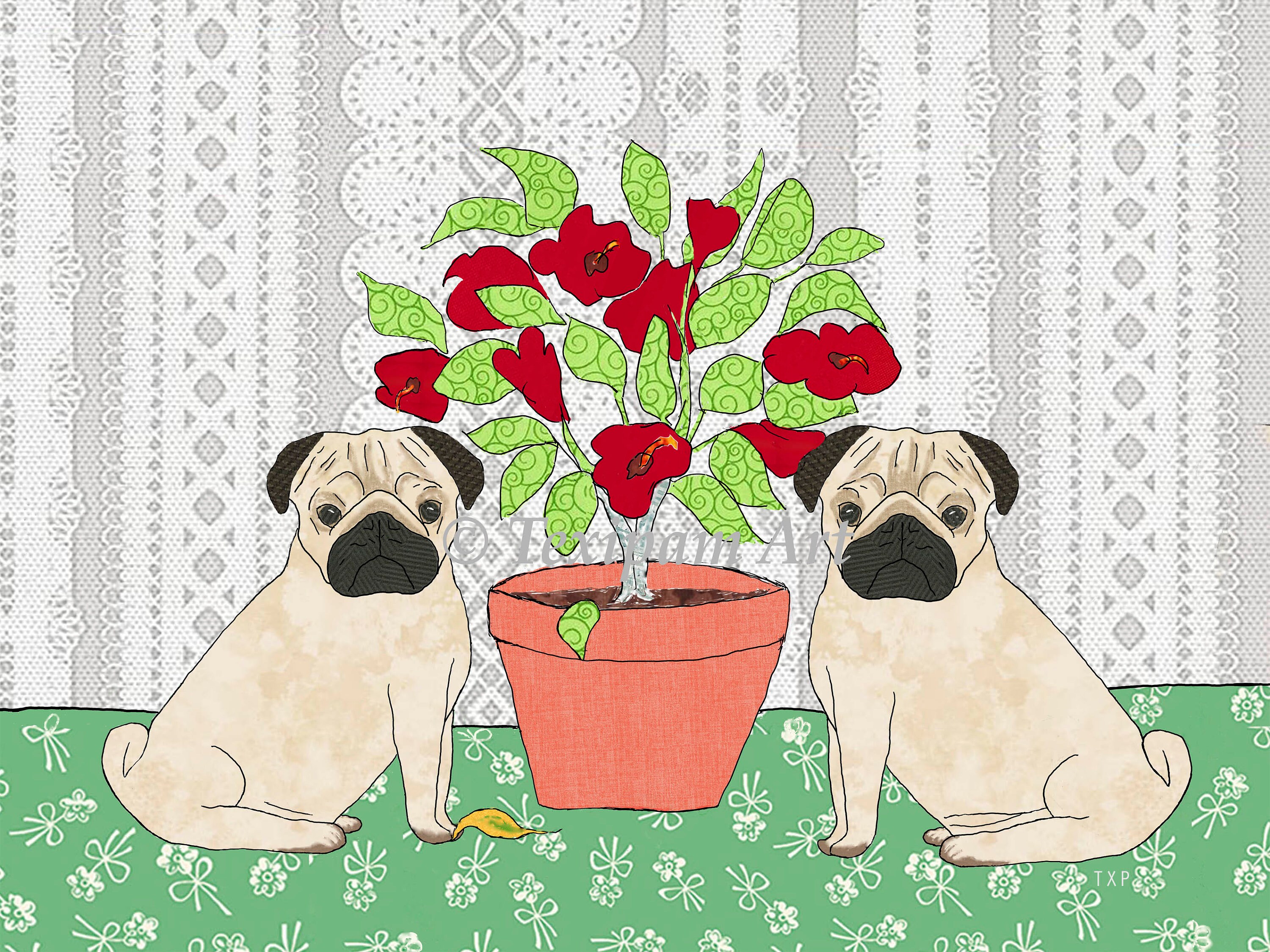 ART PRINT, Hibiscus, Pug Art, Pug Portrait, Funny Pugs, Wall Decor ...