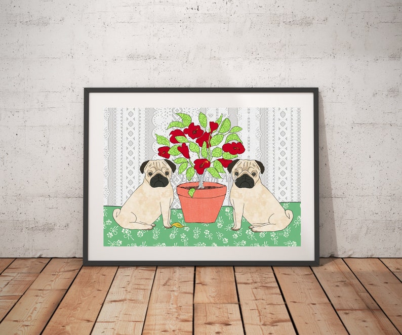 ART PRINT, Hibiscus, Pug Art, Pug Portrait, Funny Pugs, Wall Decor ...