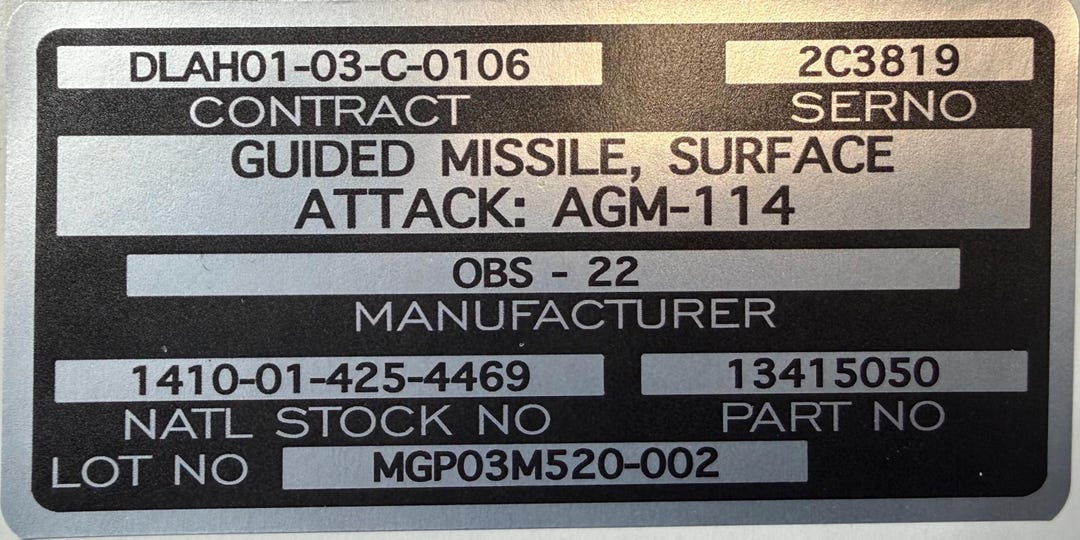 AGM-114 Hellfire Missile ID Tag Stickers: Replica Label/ Sticker ...