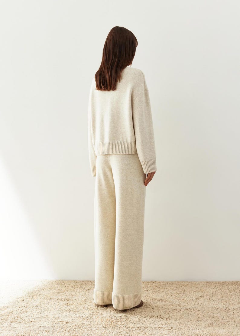 Beige Two Piece Wool Loungewear Set Knitted Matching Set Knitwear ...