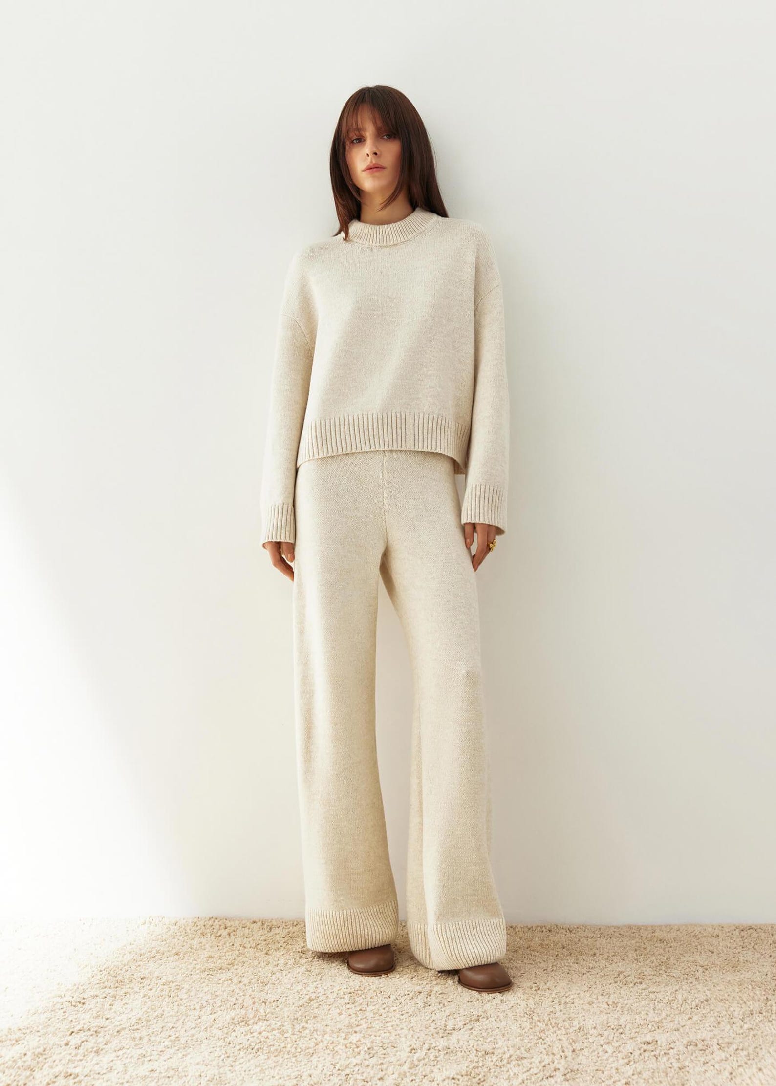 Beige Two Piece Wool Loungewear Set Knitted Matching Set Knitwear ...