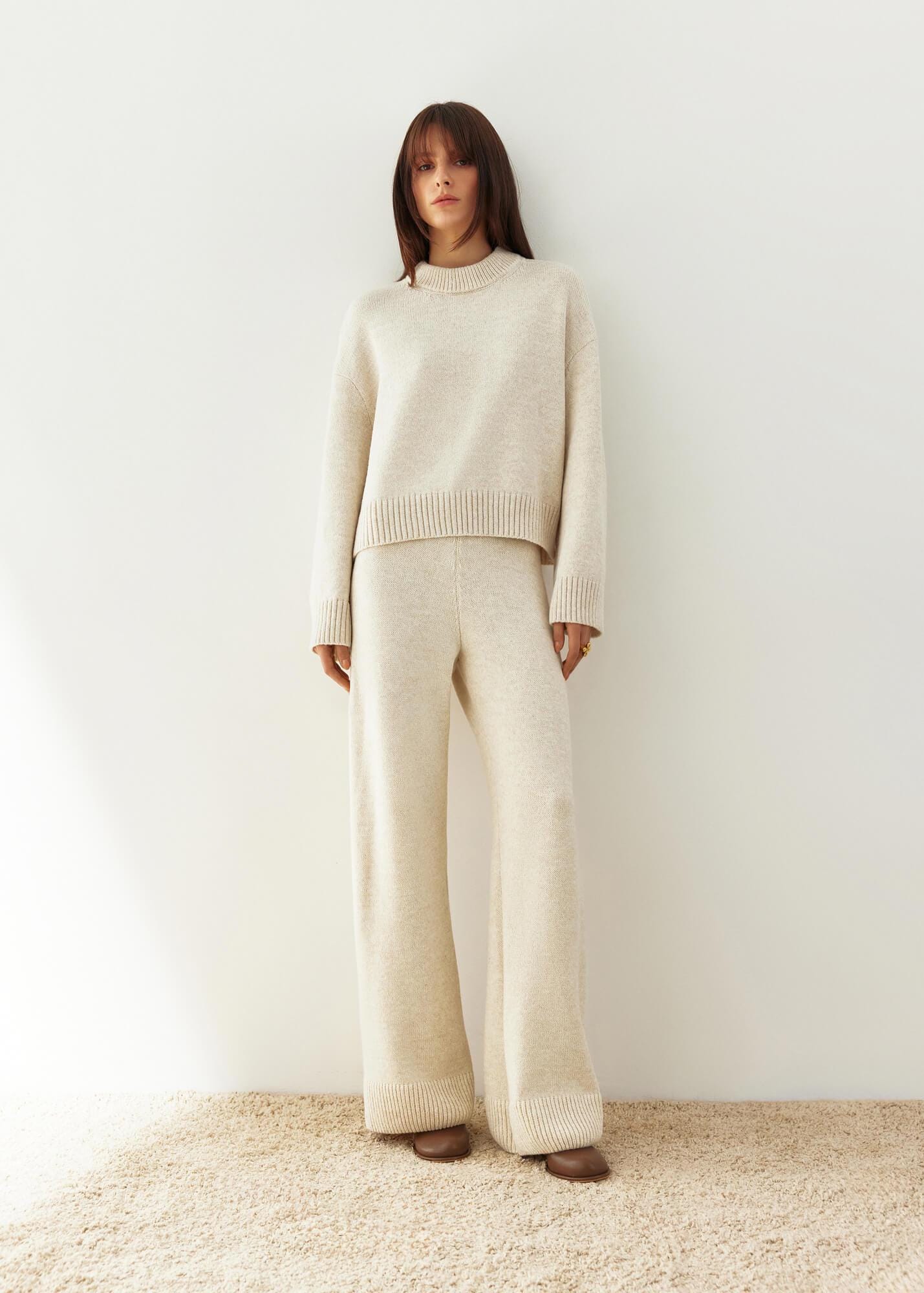 Beige Two Piece Wool Loungewear Set Knitted Matching Set Knitwear ...