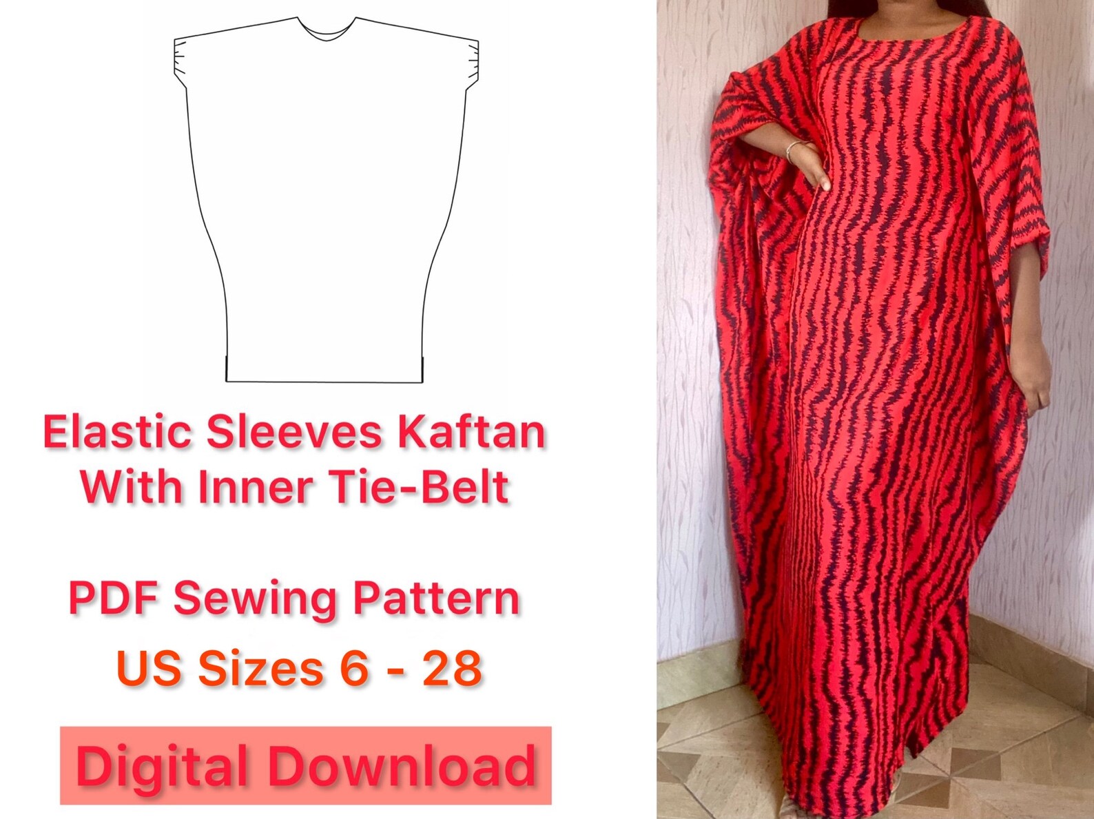 PDF Sewing Pattern Elastic Sleeves Kaftan With Tie Belt / - Etsy