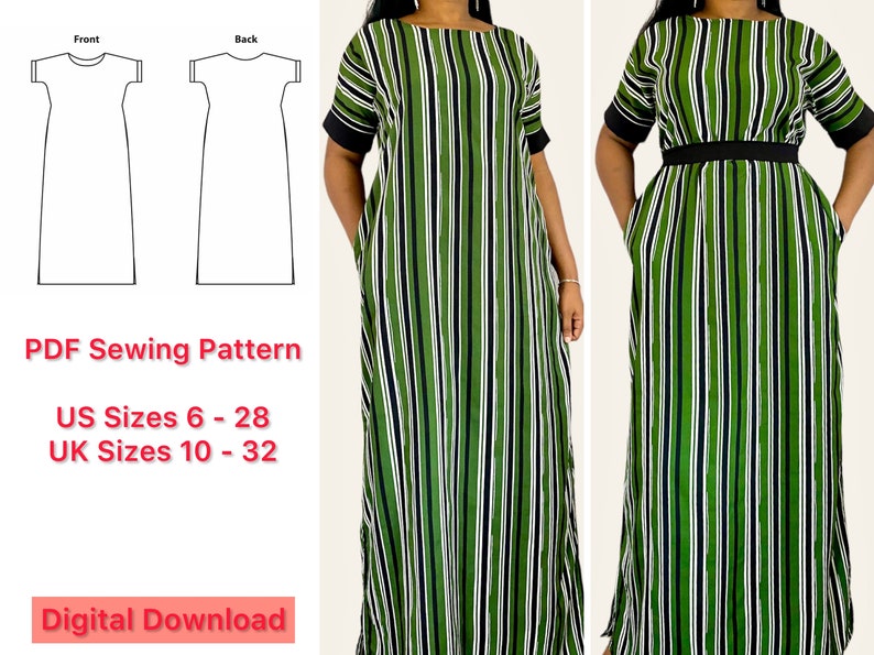 PDF Sewing Pattern Short Cuff Sleeve Maxi Dress With Side - Etsy