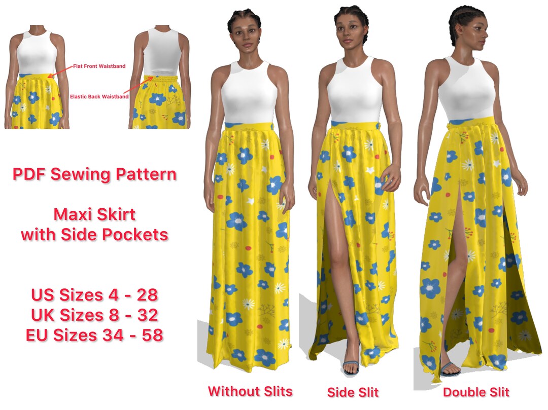PDF Sewing Pattern Maxi Skirt With Side Pockets / Long Skirt Flat Front ...
