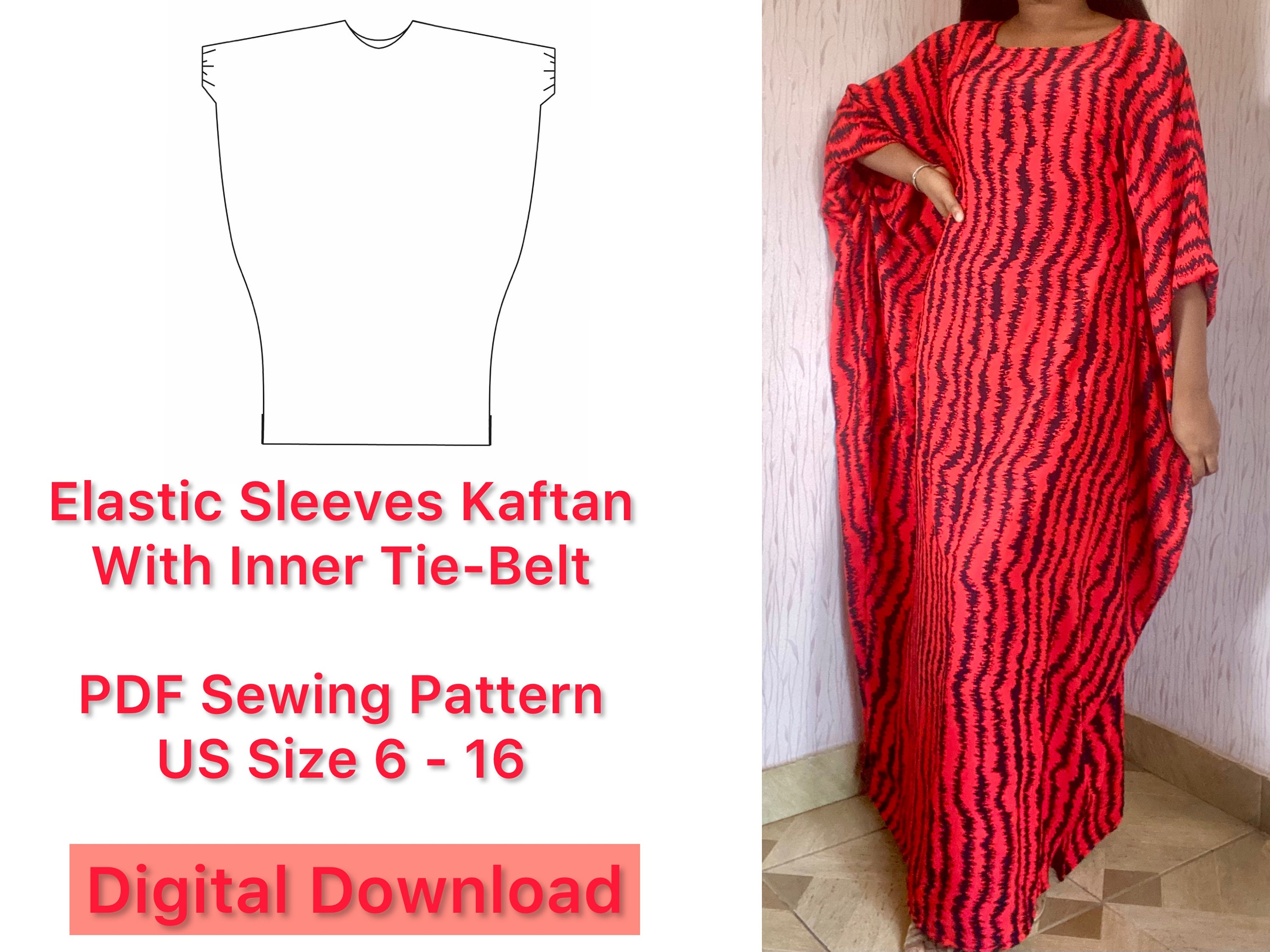 PDF Sewing Pattern Elastic Sleeves Kaftan With Tie Belt / - Etsy Australia