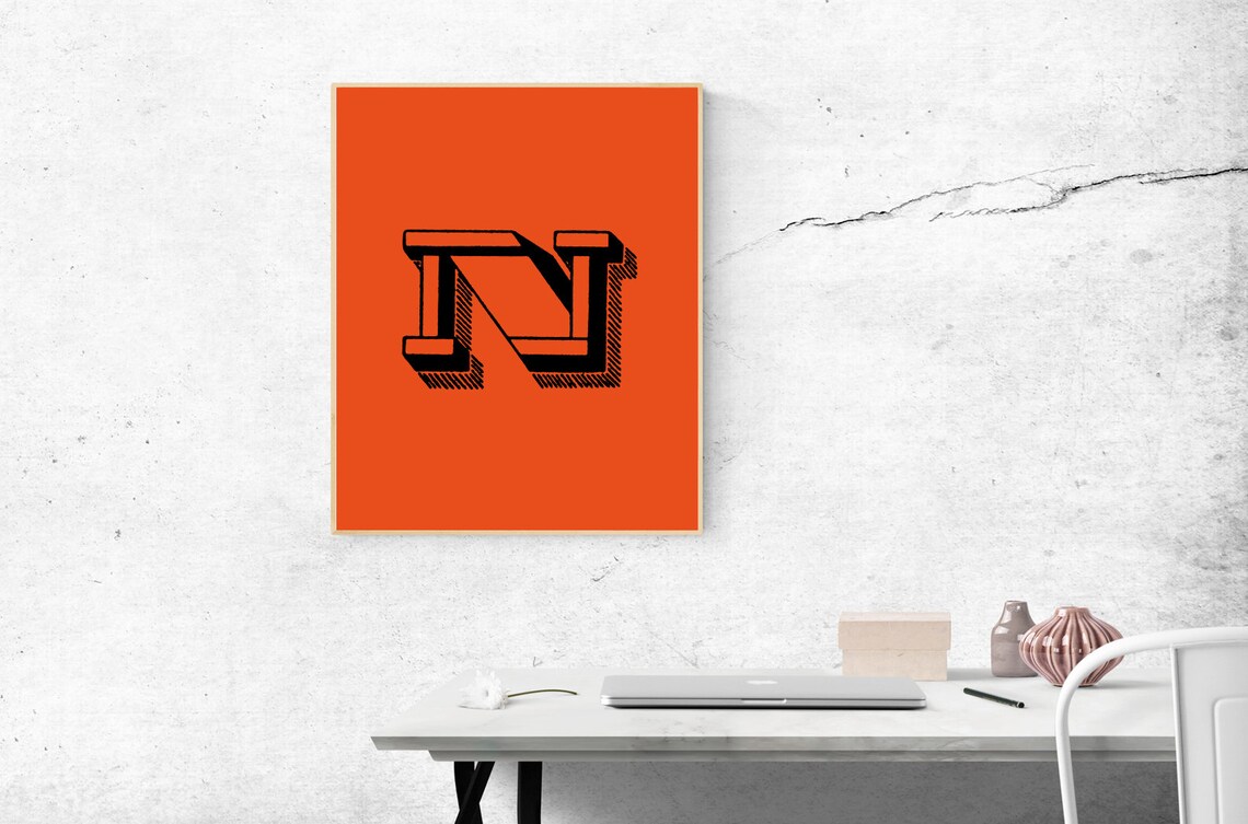 Alphabet Posters, Letter N, Typographic Poster, Orange Poster, 1970s ...