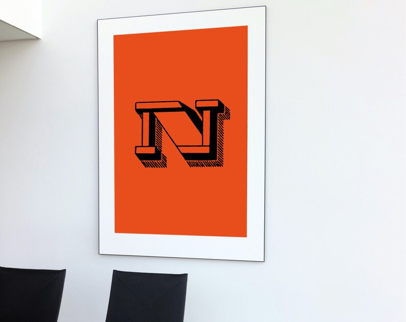 Alphabet Posters, Letter N, Typographic Poster, Orange Poster, 1970s ...