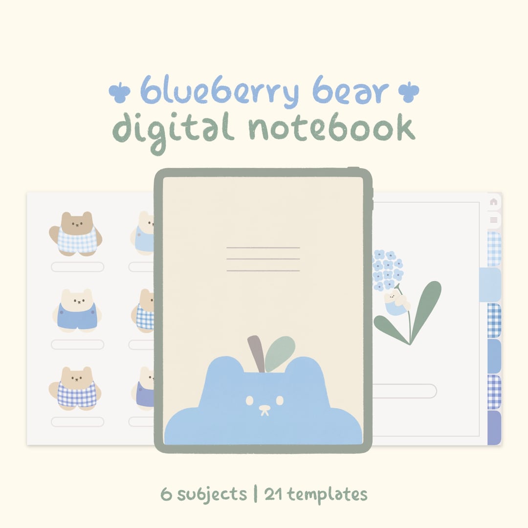 Cute Blue Digital Notebook With Tabs: Blueberry Bear | for Goodnotes ...