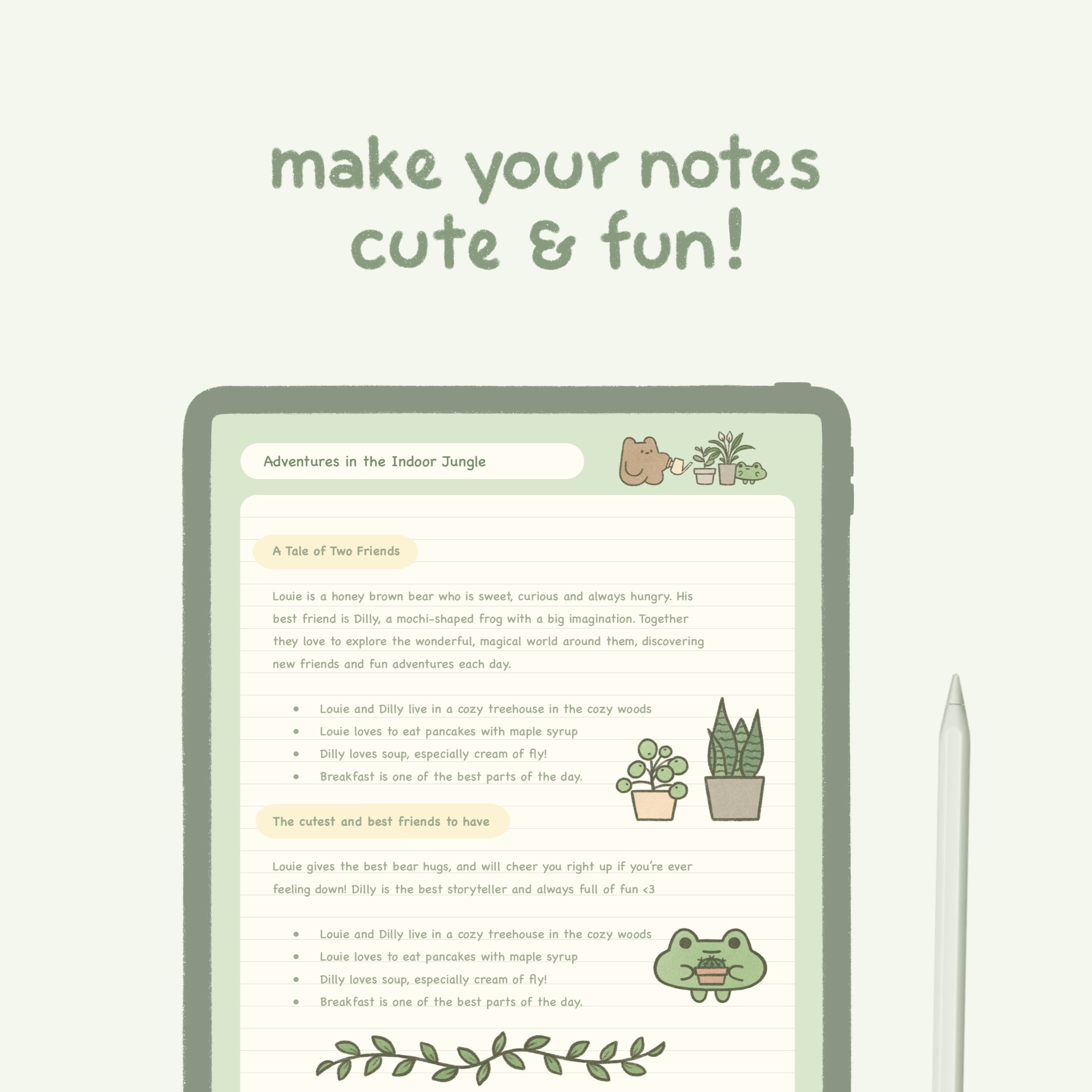 Cute Green Digital Notebook Template: Plant Friends Goodnotes, Samsung ...