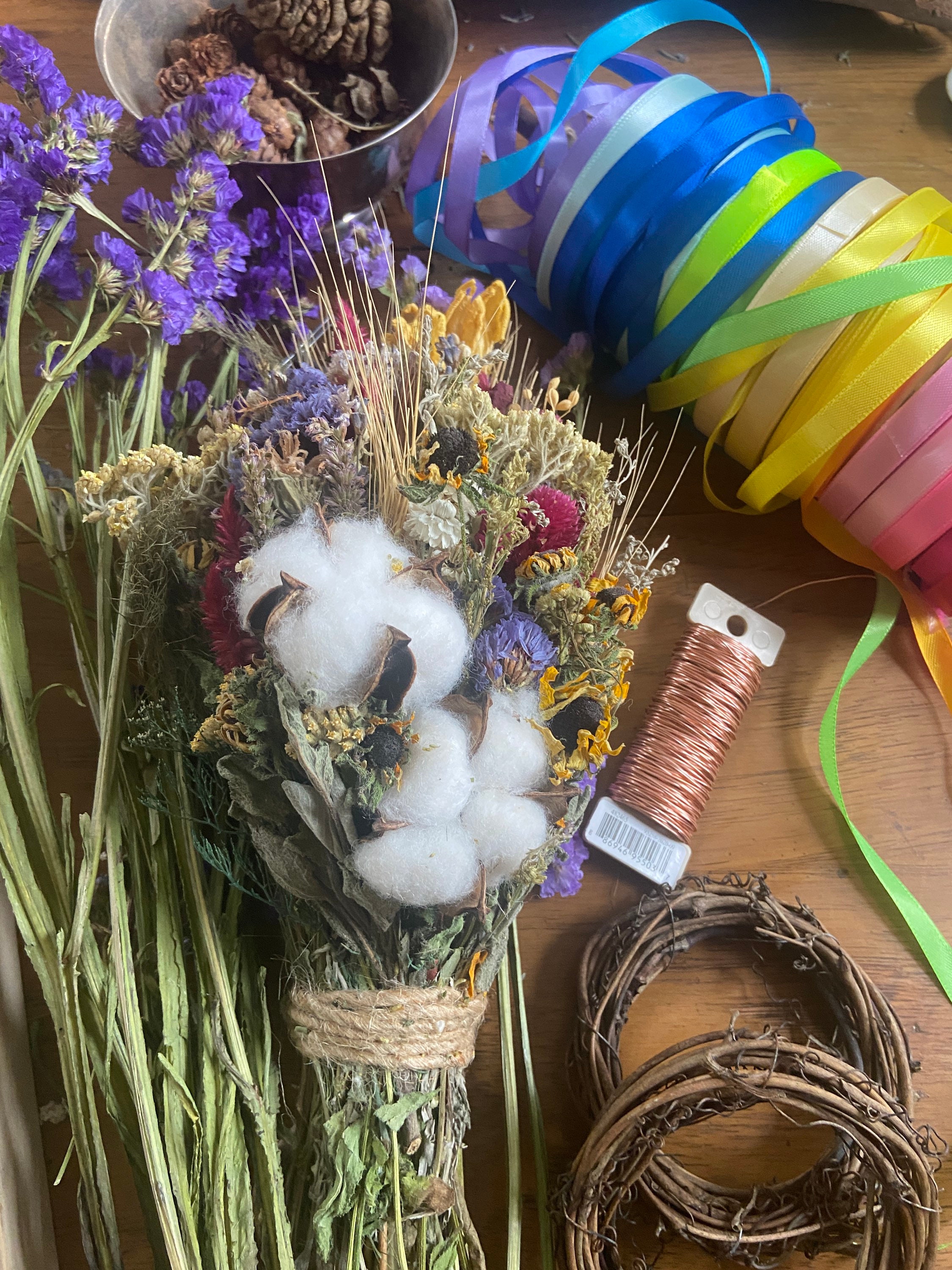 Midsummer / Litha pagan wreath with dried flowers crystals | Etsy