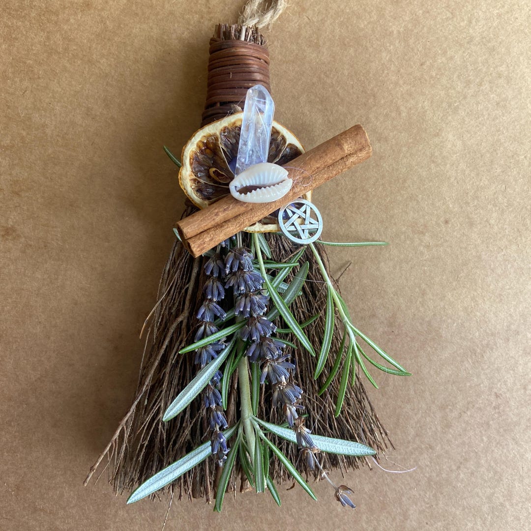 Lavender and Rosemary Crystal Dressed Cinnamon Broom for Calming and ...