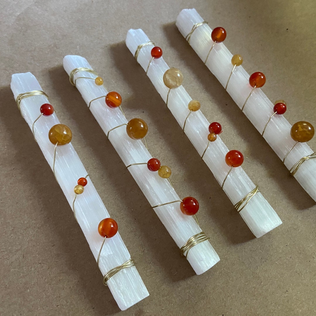 Wrapped Selenite Wand With Amber and Red Agates. Grounding Energy. Fall ...