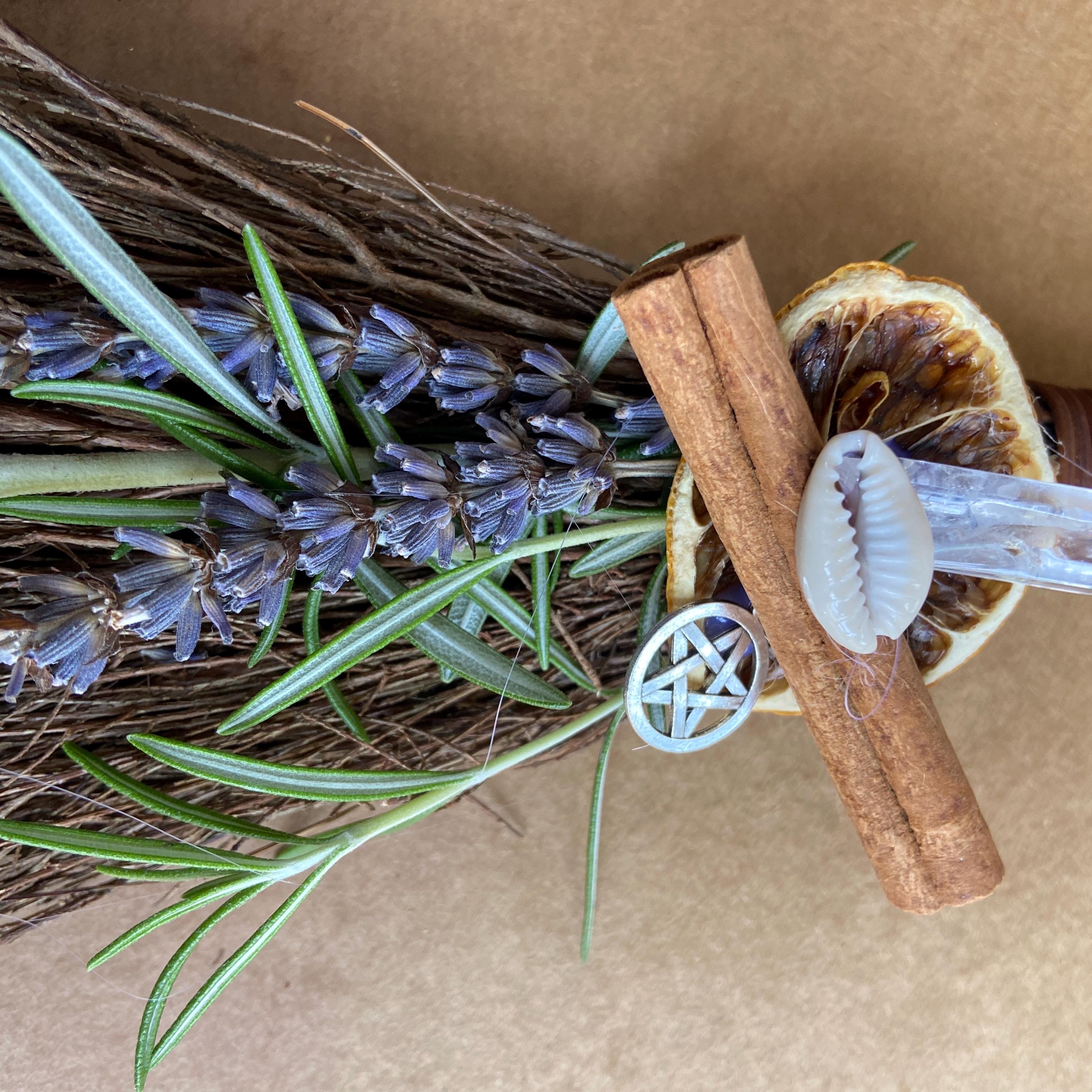 Lavender and Rosemary Crystal Dressed Cinnamon Broom for Calming and ...