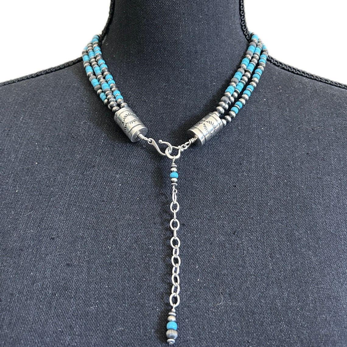 Blue Turquoise 18" 5mm Triple Strand Necklace Navajo Handmade Geneva ...