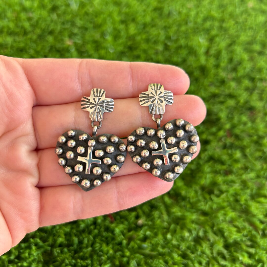 Heart Cross and Drop Sterling Silver Earrings Handmade by Navajo Geneva ...