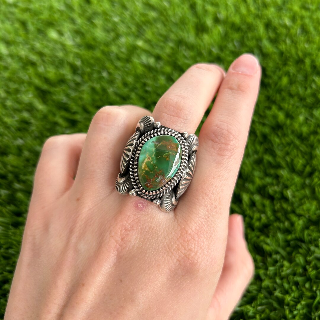 Size 11 Gem Royston Sterling Silver Appliqué Ring Handmade Navajo ...