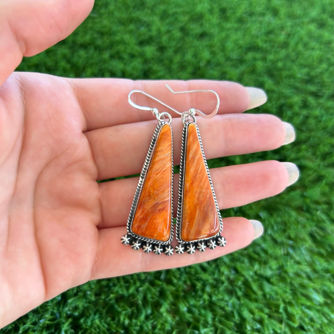 Orange Spiny Oyster Shell Triangle Earrings Handmade by Navajo Happy ...