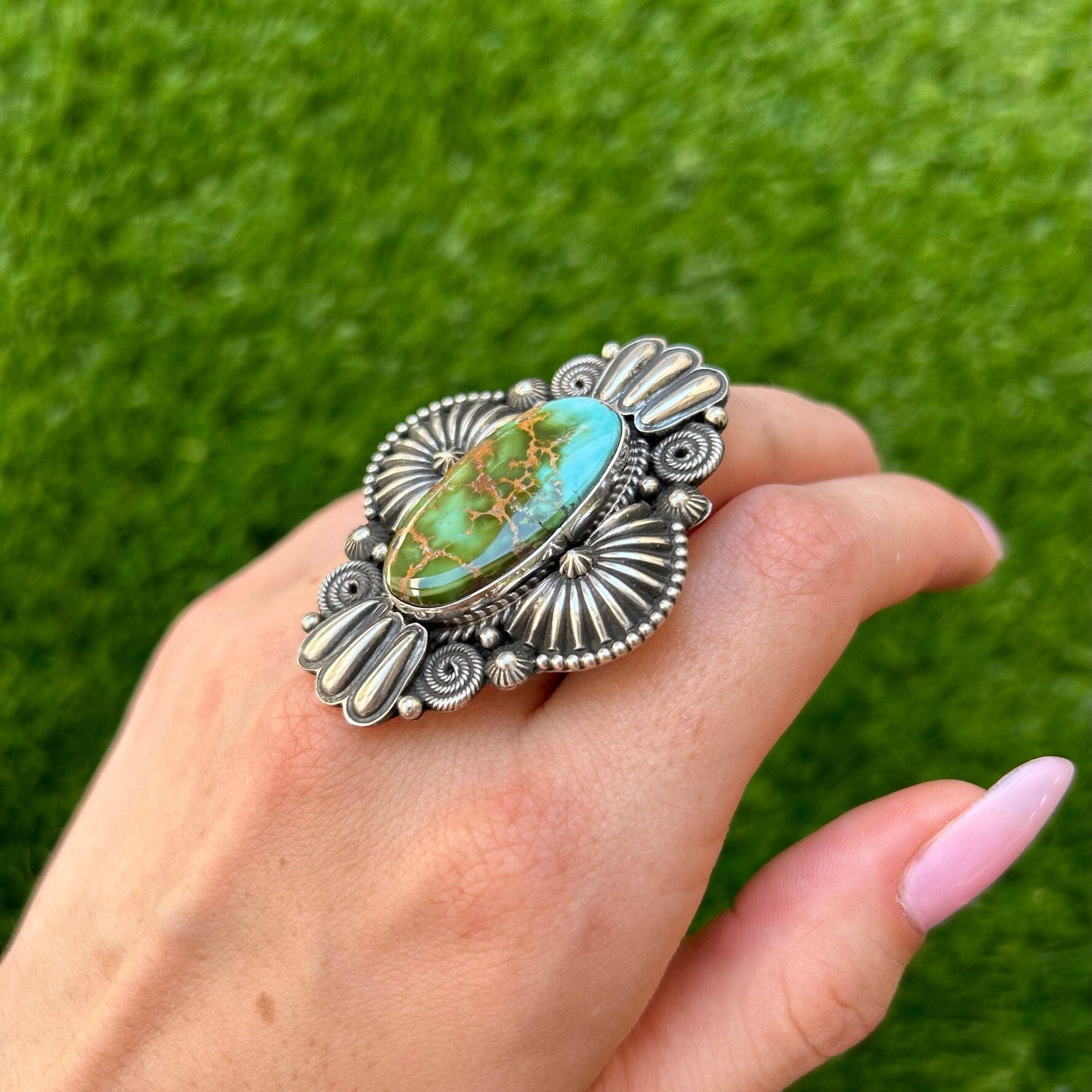 Gem Grade Royston Turquoise LG Oval Museum Ring Handmade Navajo Derrick ...