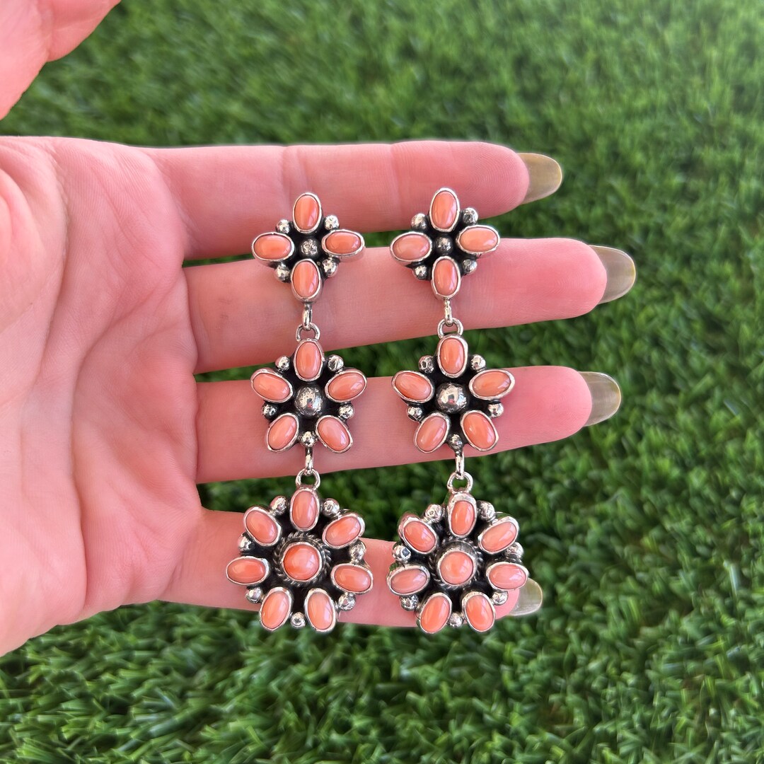 Pink Coral Trifecta Chandelier Flower Earrings Handmade by Navajo Linda ...