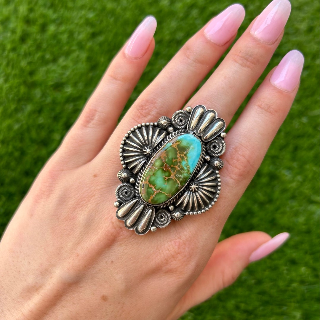 Gem Grade Royston Turquoise LG Oval Museum Ring Handmade Navajo Derrick ...
