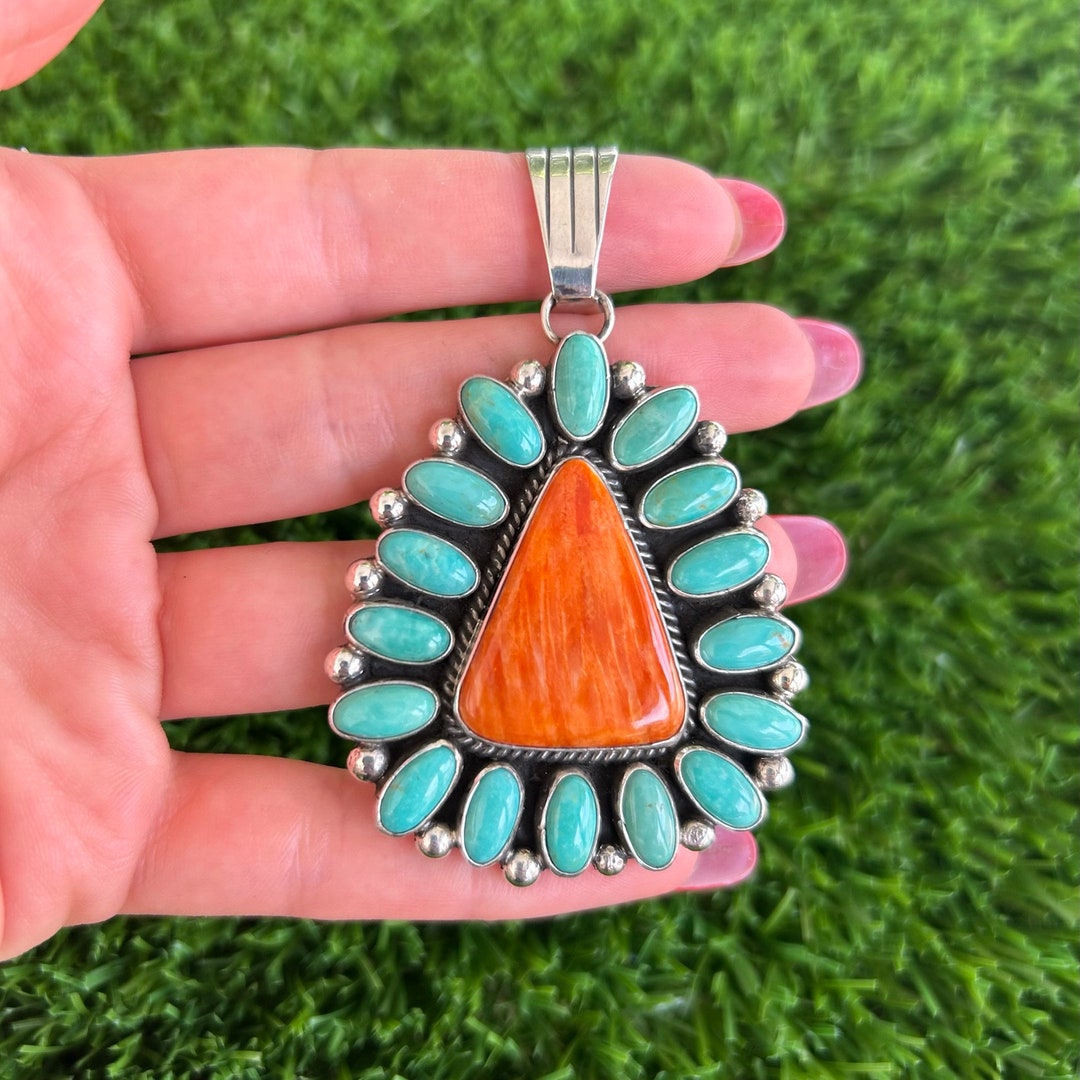 Kingman Turq & Orange Spiny Cluster Pendant Handmade by Navajo Linda ...