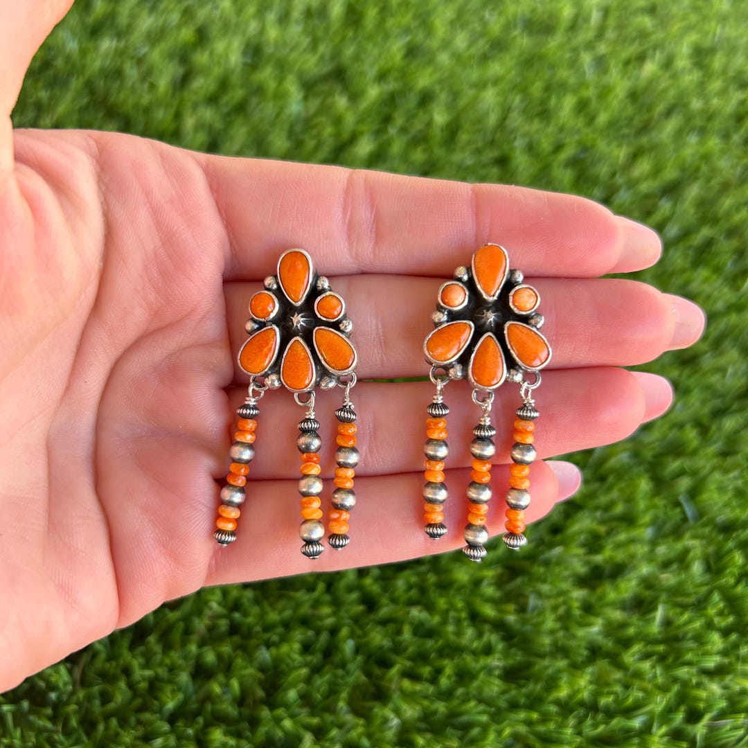 Orange Spiny Cluster Beaded Dangle Stud Earring Handmade Navajo Geneva ...