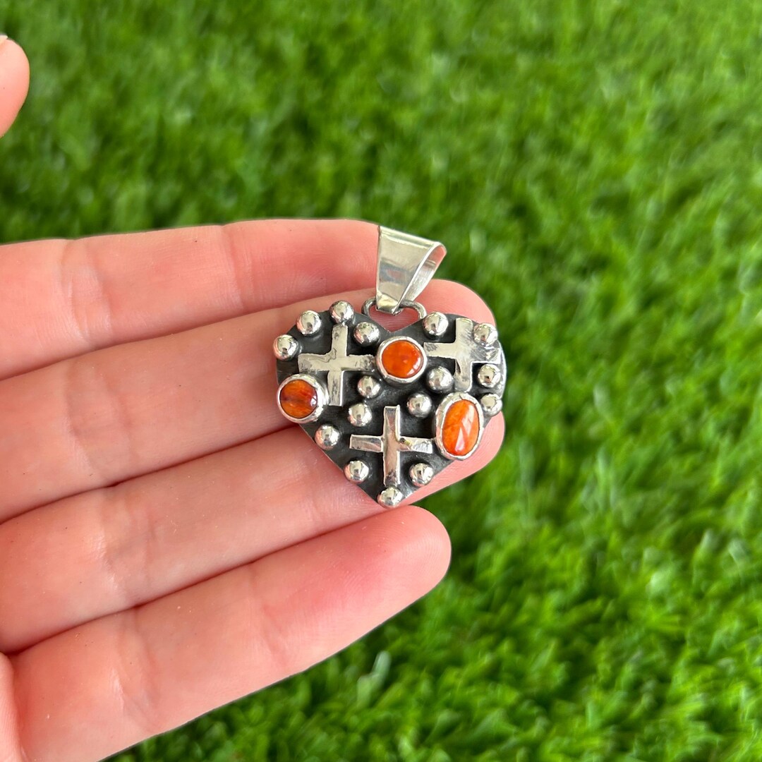 Heart SM Orange Spiny Cross & Drop Pendant Handmade by Navajo Geneva ...