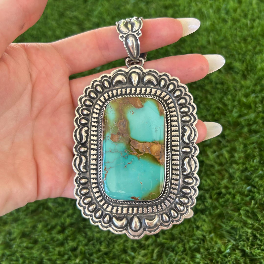 Gem Grade Squoval Royston Turq Repoussé Pendant Handmade by Navajo ...