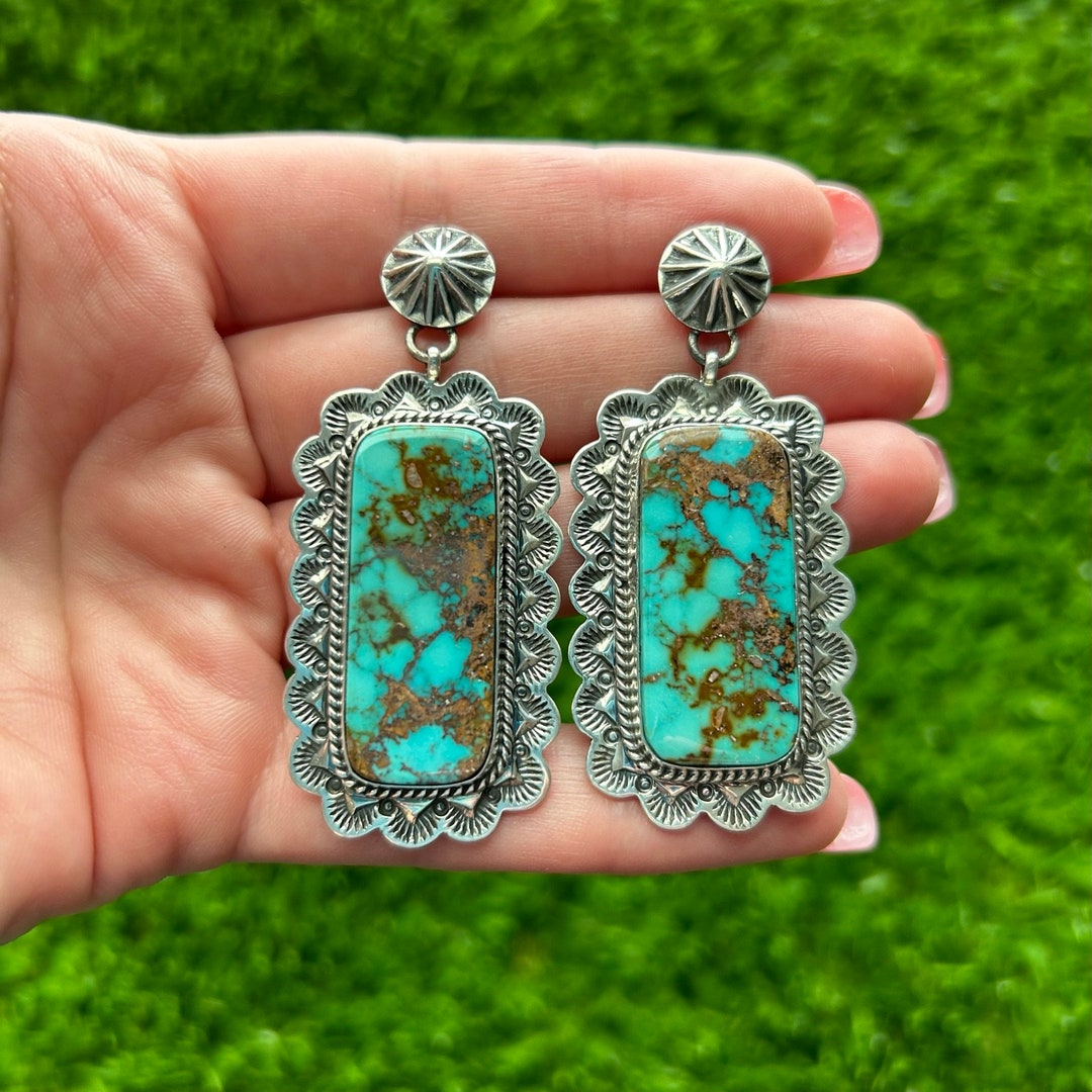 Gem Grade Royston Turq Rectangle Stamped Earrings Handmade Navajo Happy ...