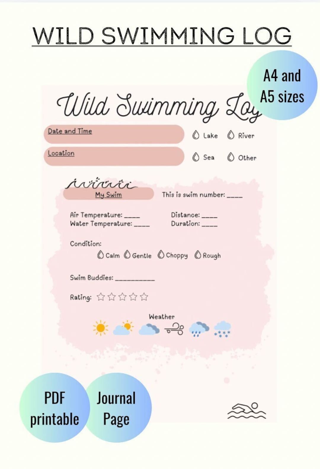 Wild Swim Log - Printable Journal Page - Swim Tracker - Swim Log ...