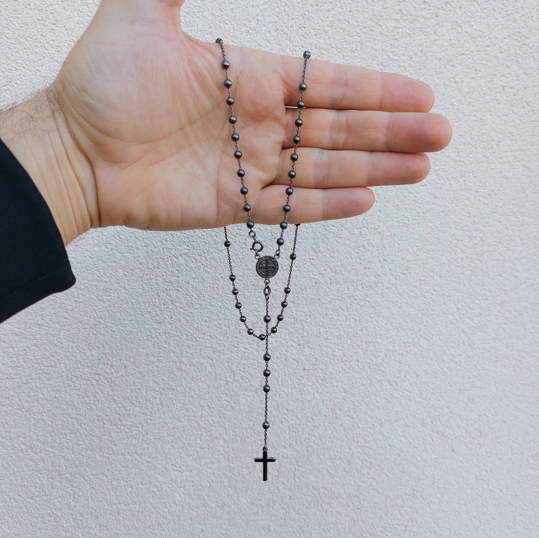 Burnished Silver Rosary Necklace for Man, St Benedict Rosary Necklace ...